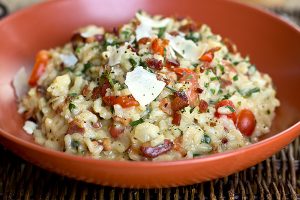Three-Cheese Risotto with Bacon, Spinach and Tomato